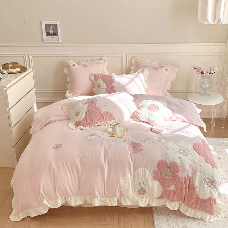 Princess Girly Heart Sunflower Warm Velvet Winter Four-Piece Bed Set | Harmony Gallery
