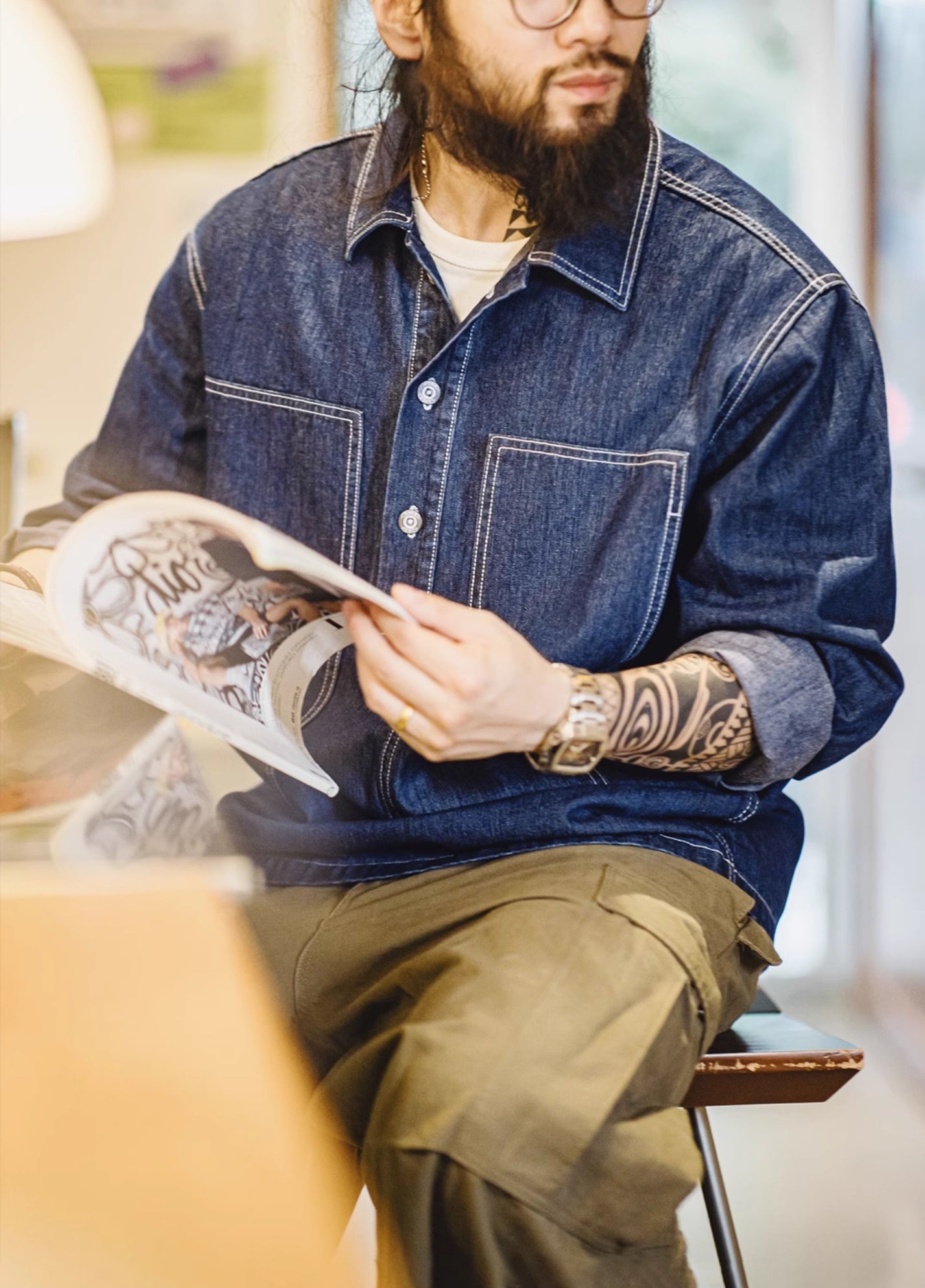 American Retro Workwear Half-Cardigan Denim Men's Sweater | Harmony Gallery