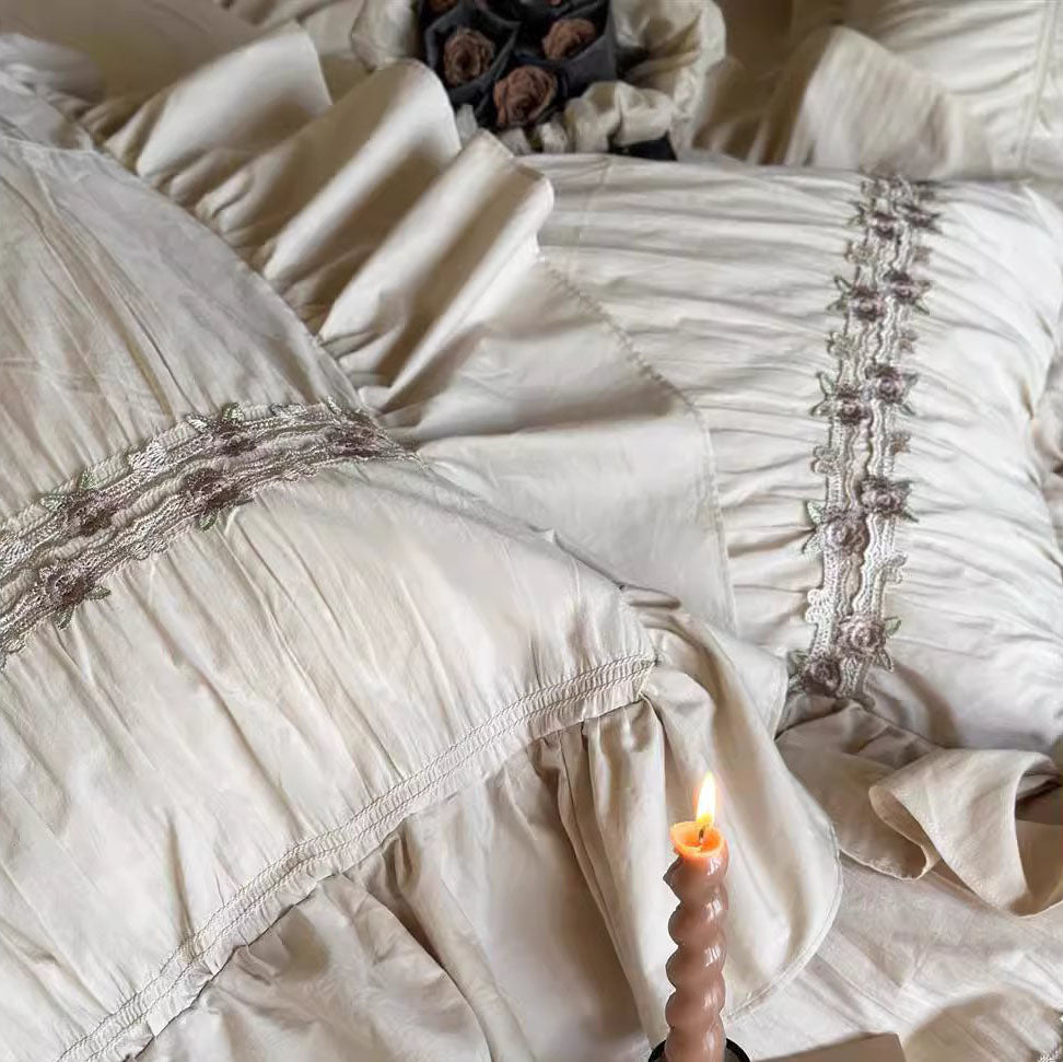 French Pleated Lace Washed Pure Cotton Four-Piece Bed Set | Harmony Gallery