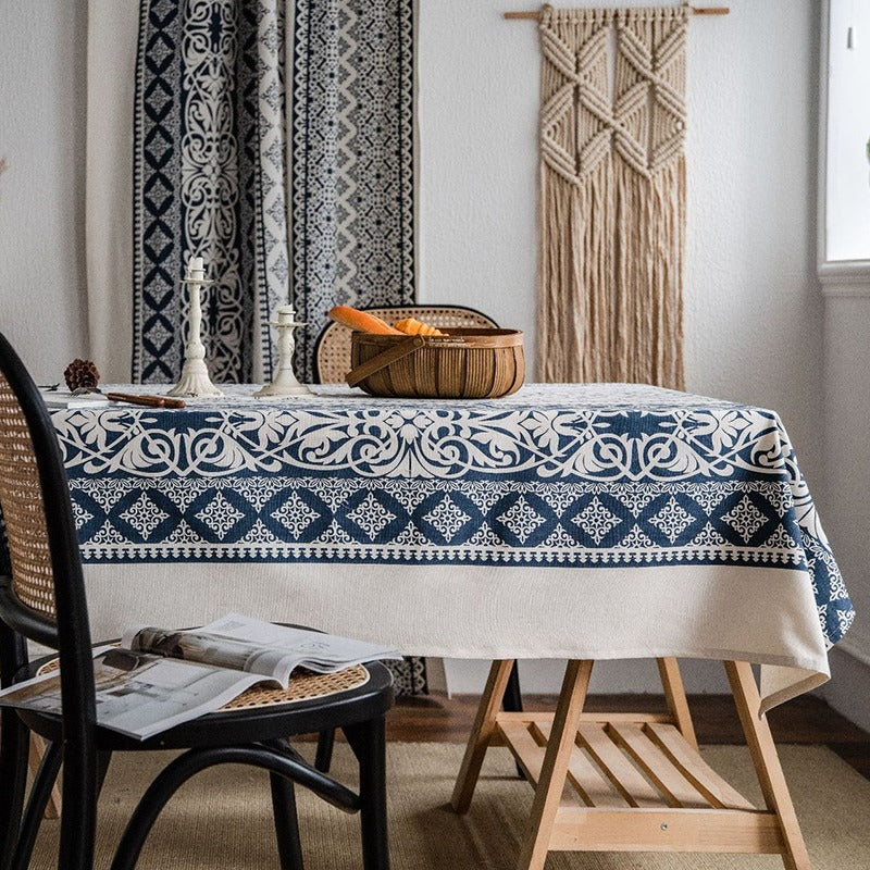 Classic Mediterranean Linen Cotton Tablecloth - Ornate Patterned Design ...