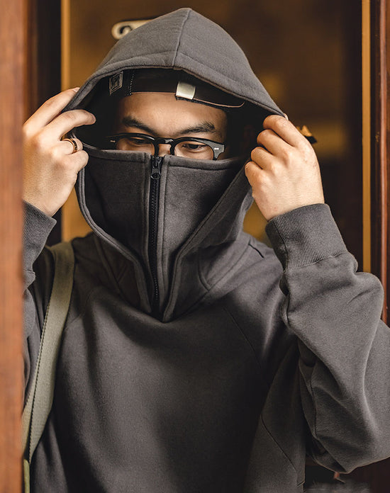 American Heavy High-Neck Zipper Mask Hoodie Functional Men's Sweater ...